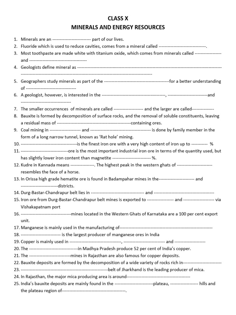 Minerals and Energy Resources - Worksheet | PDF | Ore | Iron Ore