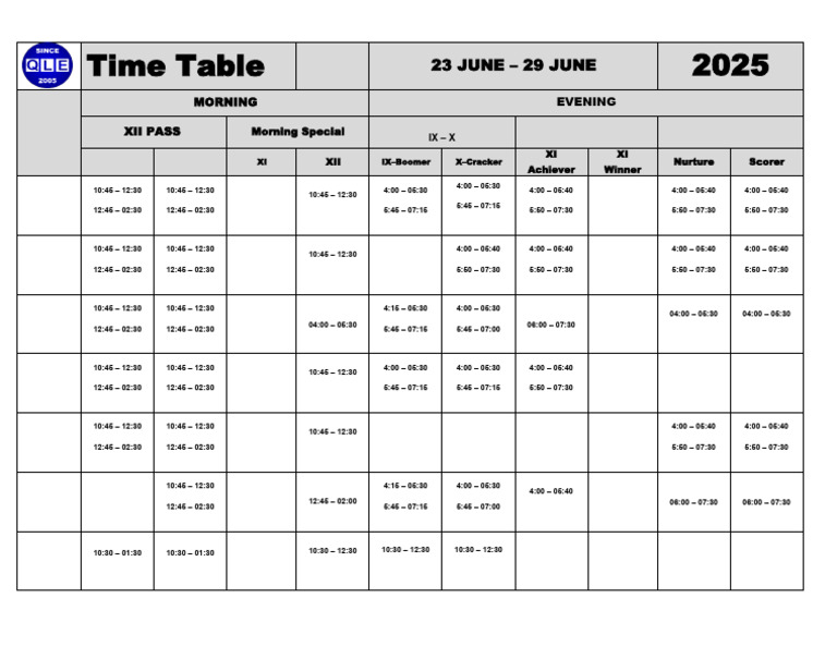 Batch Time Table 23 June To 29 June 2025. | PDF