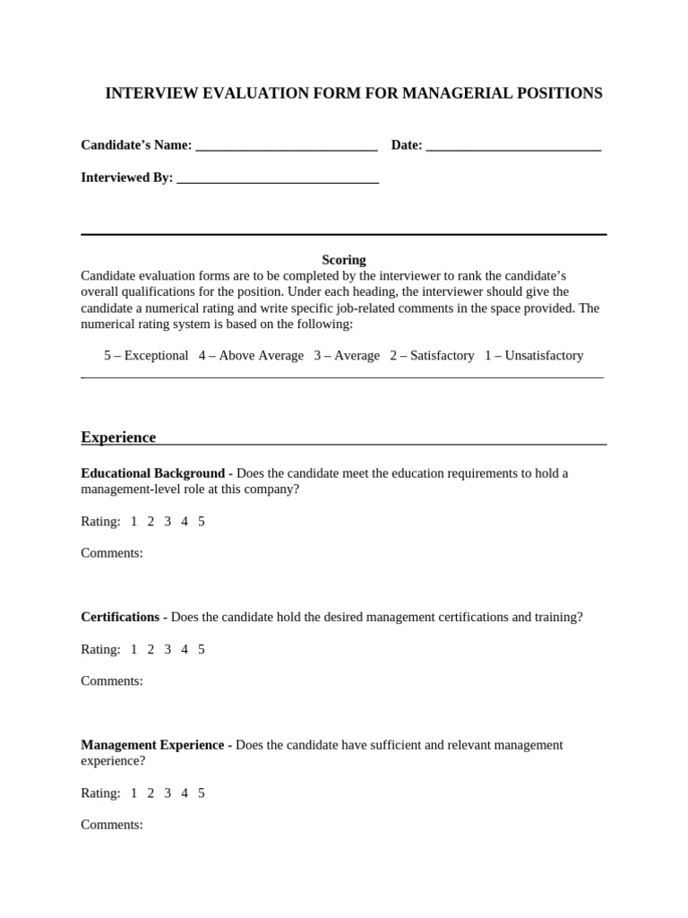 Managerial Interview Evaluation Form | PDF | Leadership | Behavioural ...