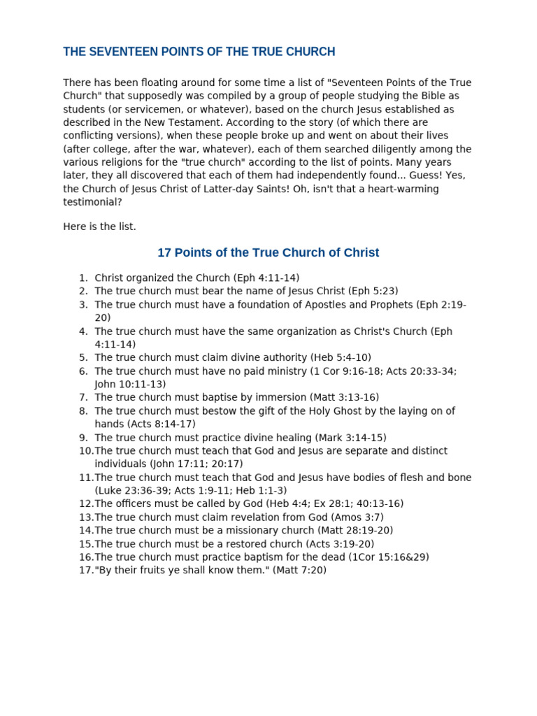 The Seventeen Points of the True Church | PDF