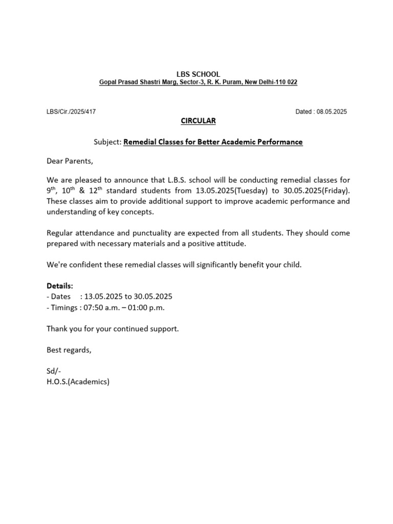 Remedial Classes Announcement 2025 | PDF