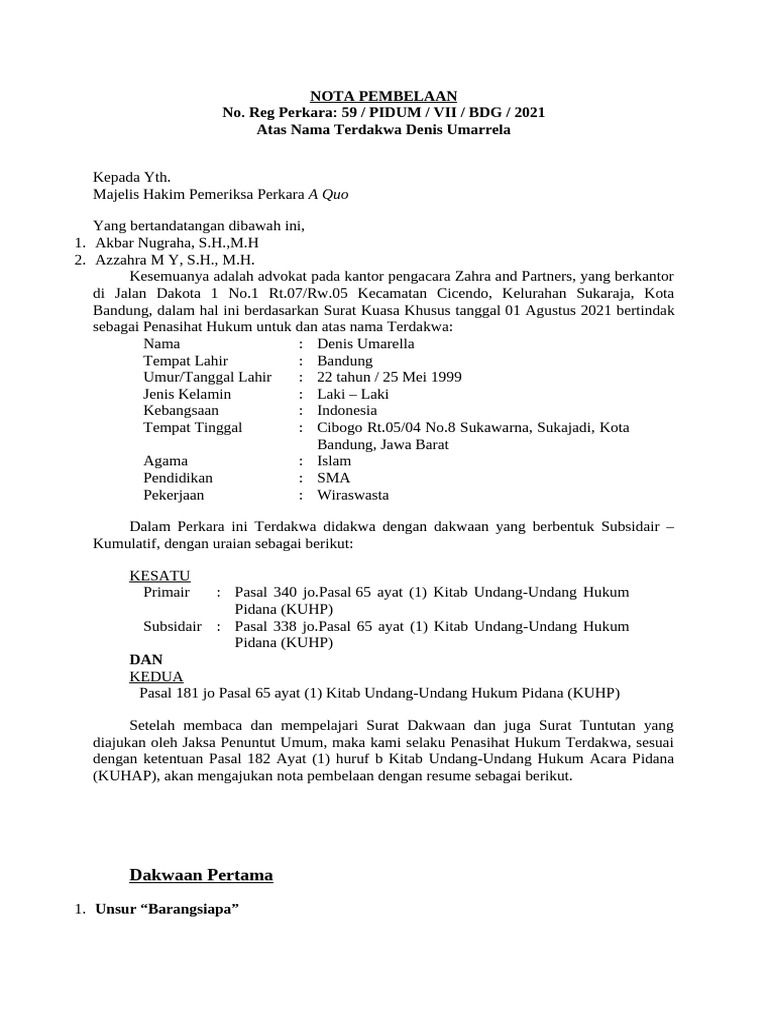 Contoh Nota Pembelaan | PDF