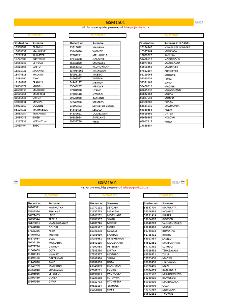 GSM1501 - Semester 2 Practical Timetable-2022 | PDF