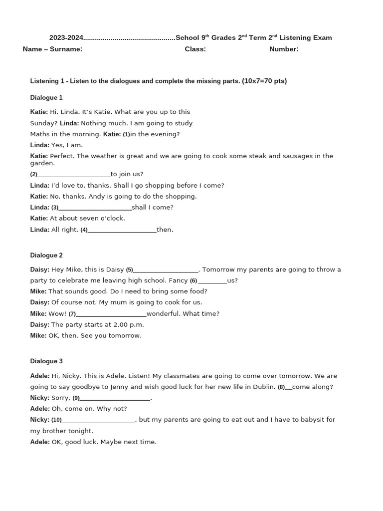 9th Grade Listening Exam 2023-2024 | PDF