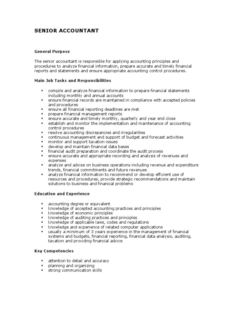 Senior Accountant Job Responsibilities | PDF | Financial Statement ...