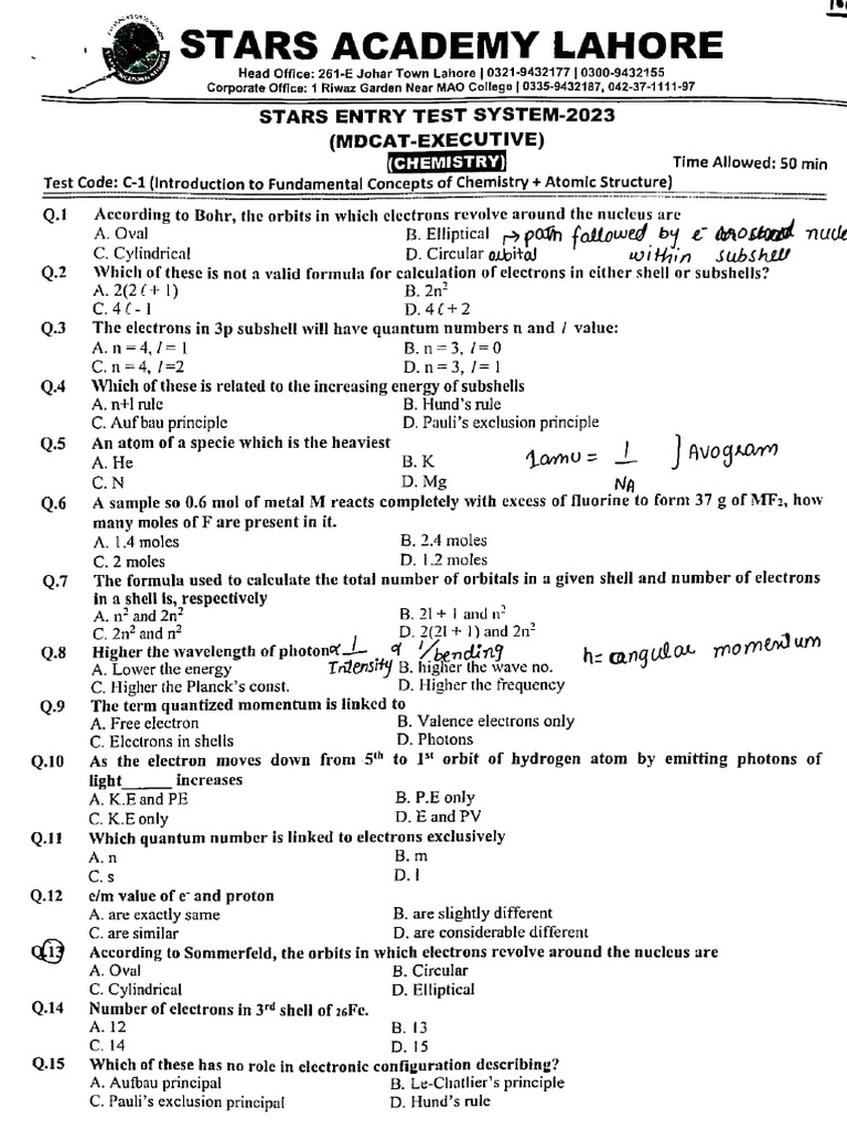 STARS 2023 Fundamental Concepts Chem Atomic Structure With Key | PDF