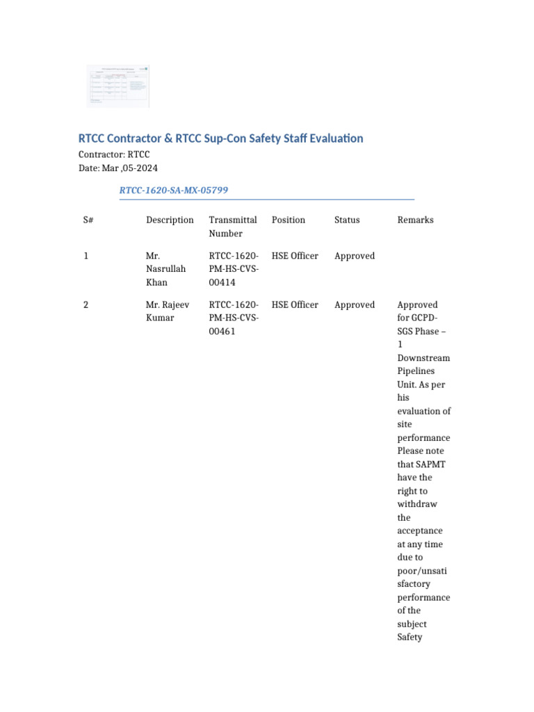 RTCC Safety Staff Evaluation | PDF
