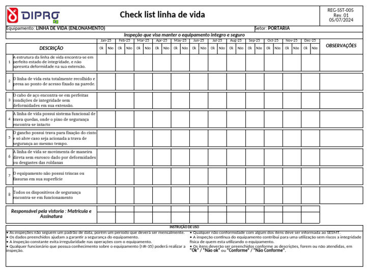 Checklist de Inspeção da Linha de Vida | PDF | Informática