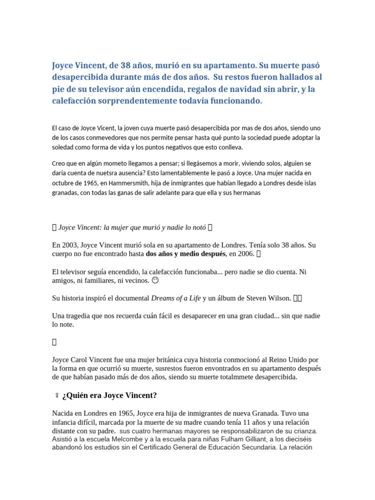 La trágica historia de Joyce Vincent | PDF