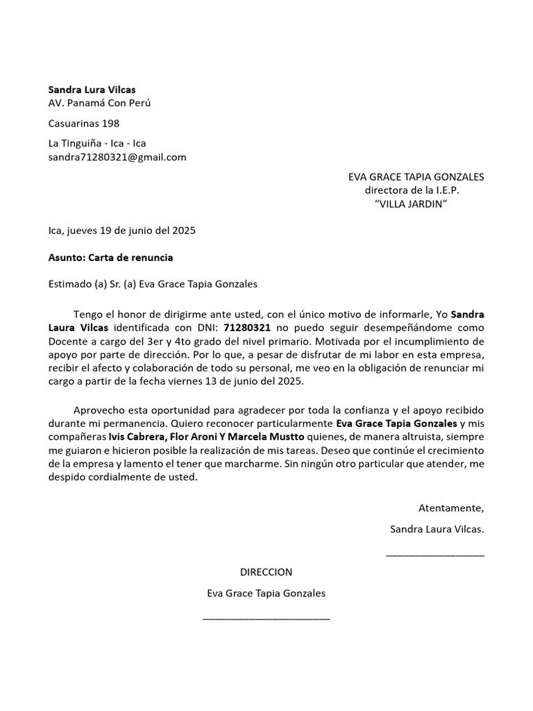 Sandra Lura Vilcas: Eva Grace Tapia Gonzales " " Ica, Jueves 19 de ...
