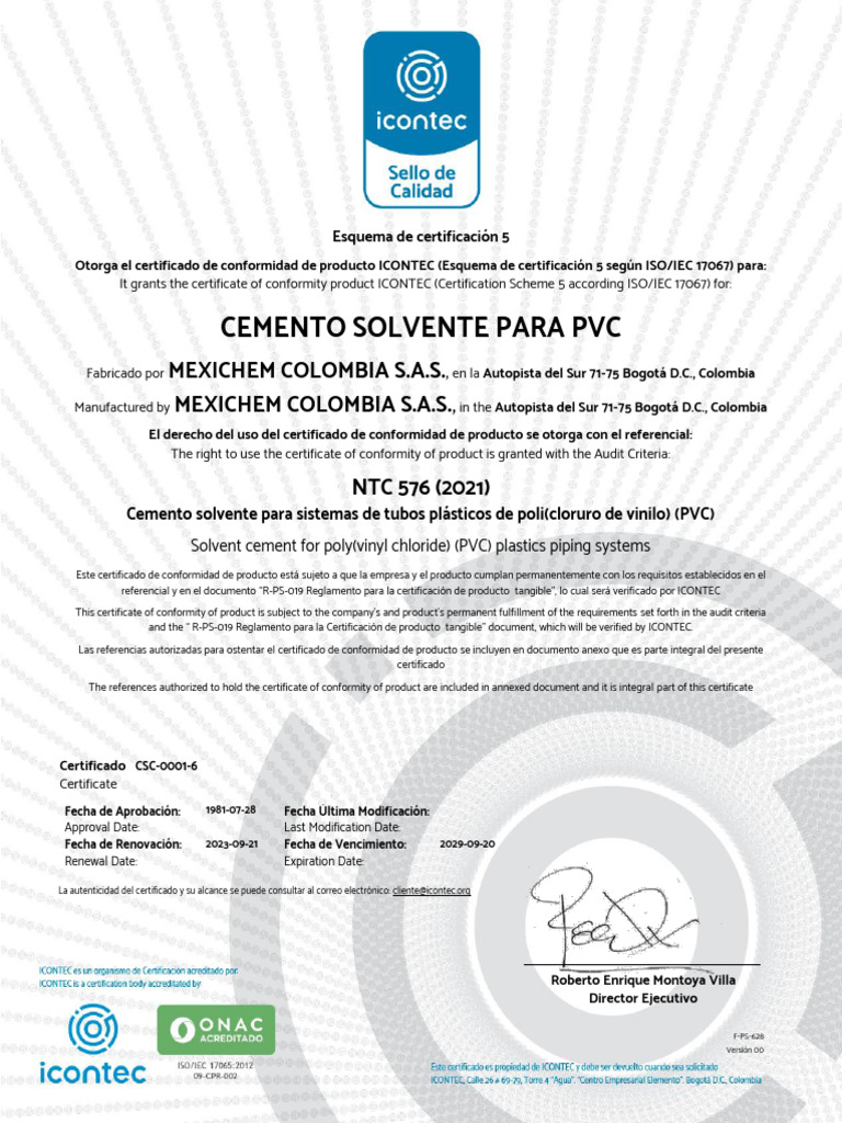 Certificado de Conformidad para Cemento PVC | PDF