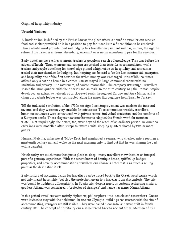 Origin of Hospitality Industry | PDF | Inn | Hotel