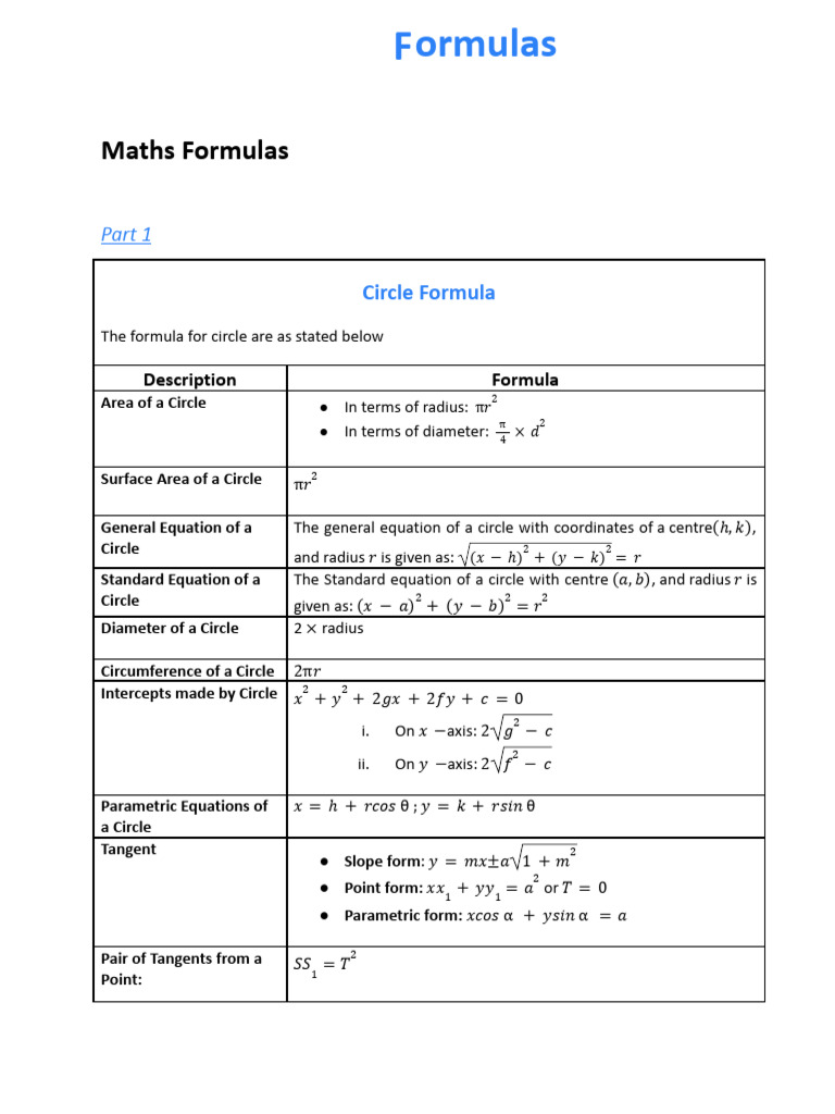 Formula Booklet PCM | PDF | Circle | Quadratic Equation