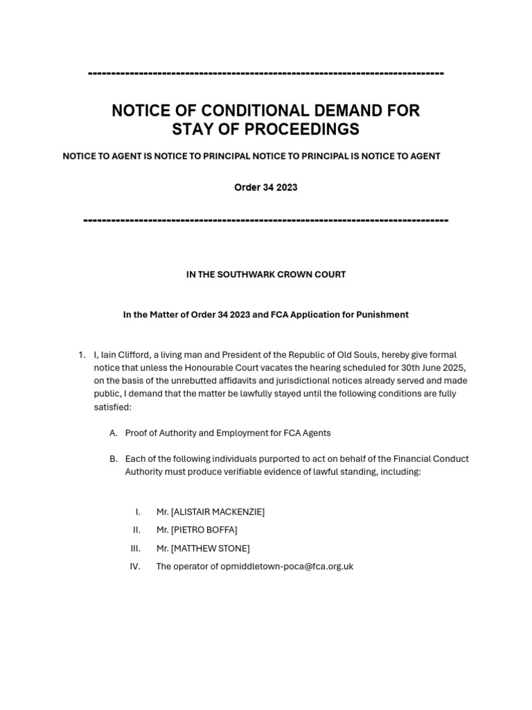 FCA Notice of Conditional Demand For Stay of Proceedings | PDF ...