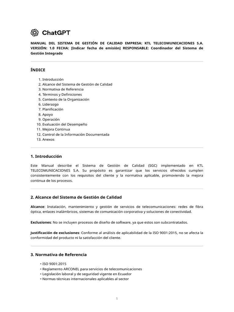 Manual SGC KTL Telecom | PDF | Sistema de manejo de calidad | Calidad ...