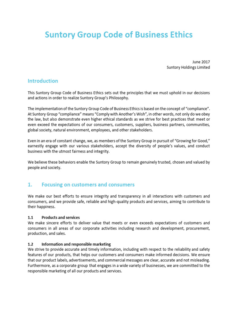 Suntory Group Business Ethics Code | PDF | Business Ethics | Bribery