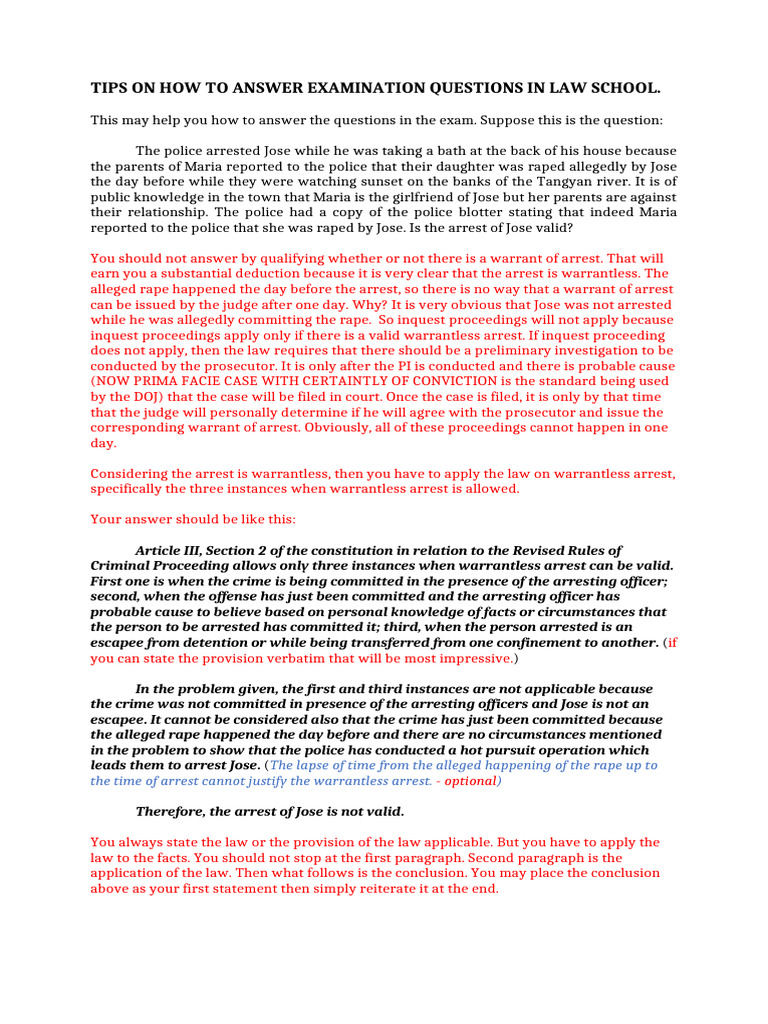 Law School Exam Answering Tips | PDF | Search Warrant | Arrest