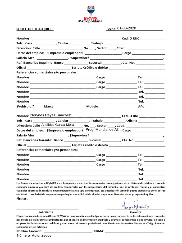 Solicitud de Alquiler Inquilino y Garante | PDF | Tarjeta de crédito ...