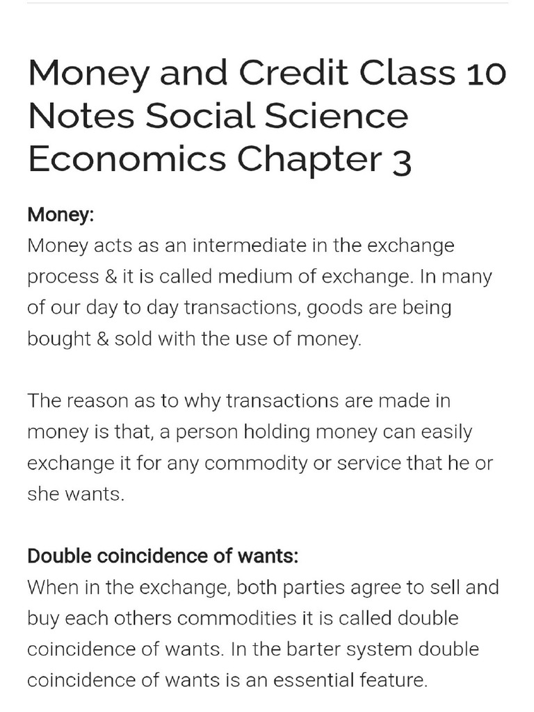 CH - Money and Credit, Notes, Class - 10 (Economics) | PDF