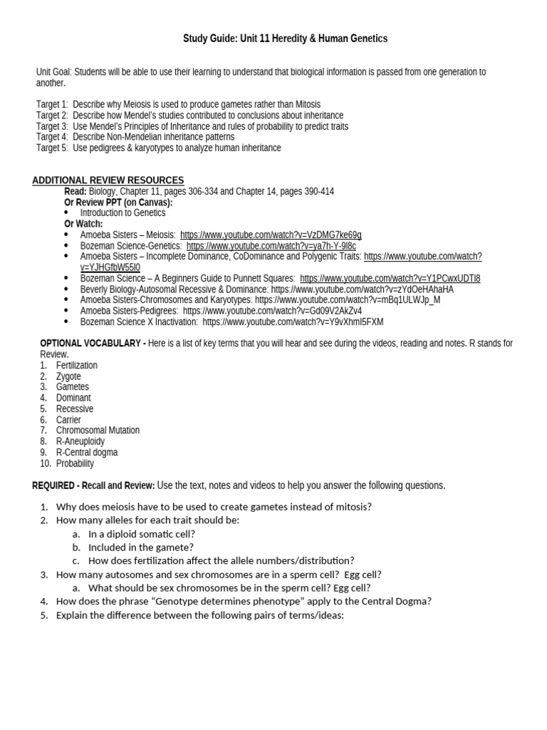 Freshman Biology Unit 11 Study Guide - Heredity | PDF | Dominance ...