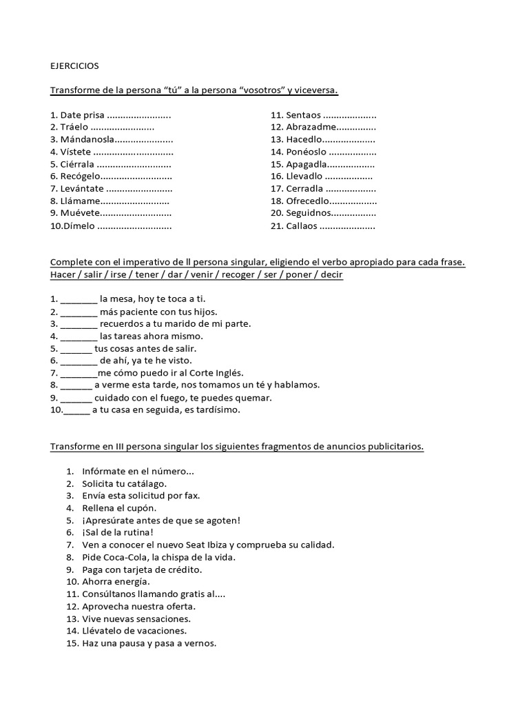 Ejercicios de Imperativo Afirmativo y Negativo | PDF