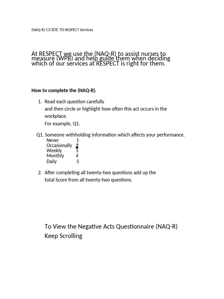 Negative Acts Questionnaire How To Complete and Respect Services 18th ...