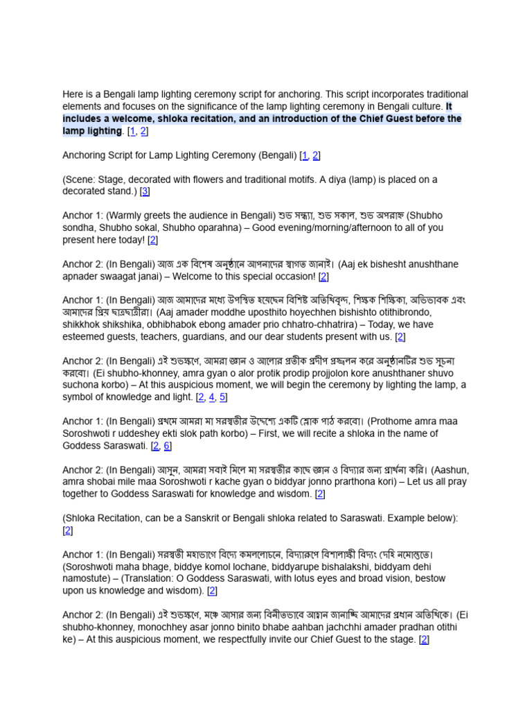 Anchoring Lamp Lighting Ceremony Script in Bengali | PDF