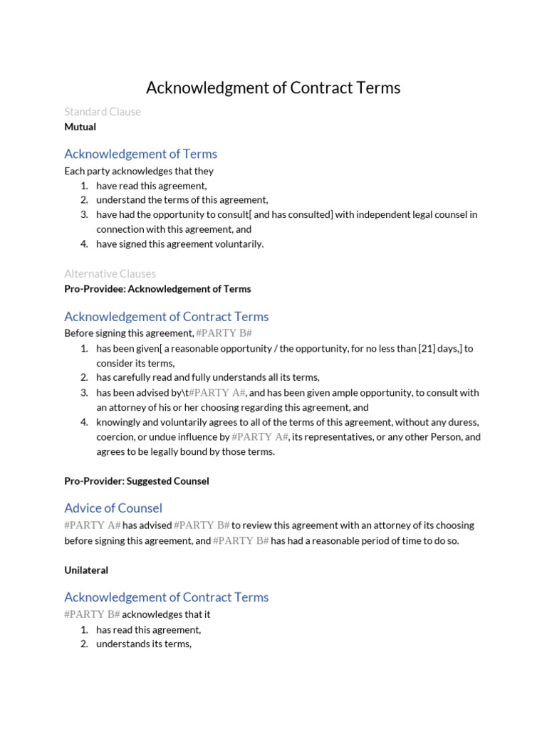 Acknowledgment of Contract Terms | PDF