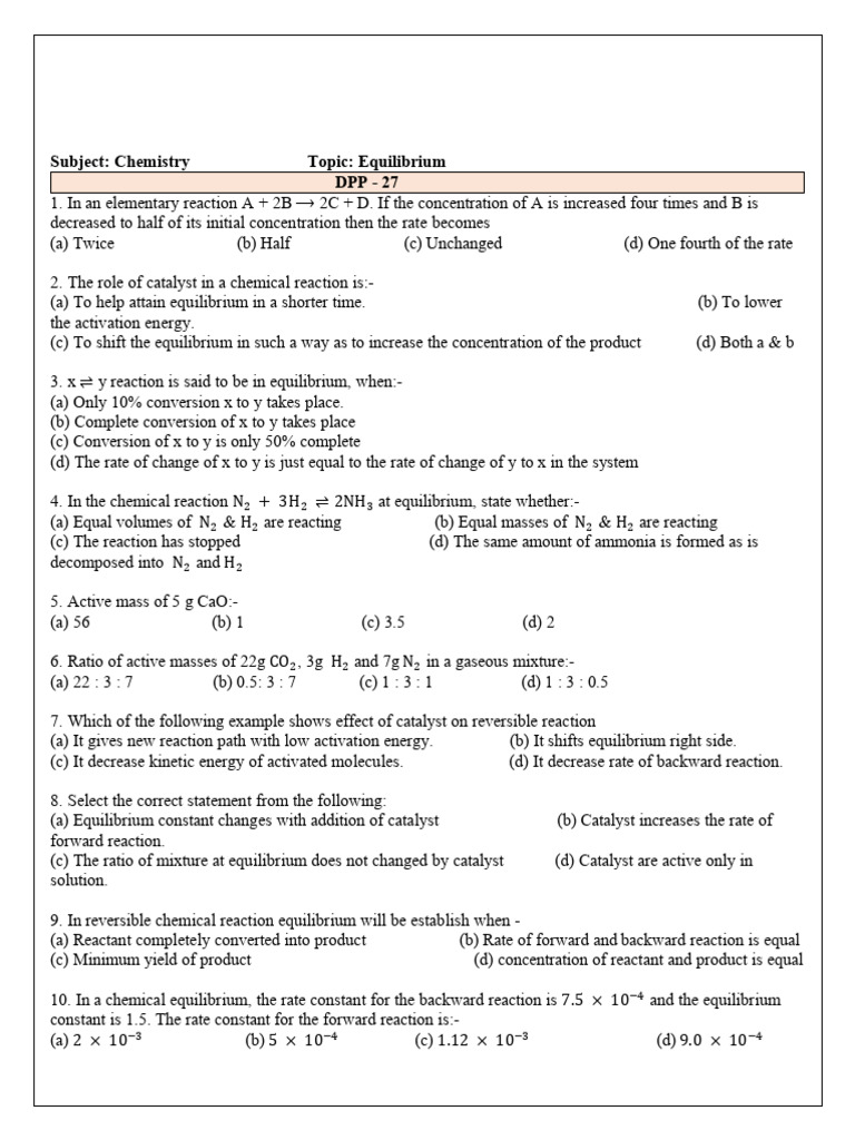 11 Chemistry DPP 27 Equilibrium Sumit Sir | PDF | Chemical Equilibrium | Reaction Rate