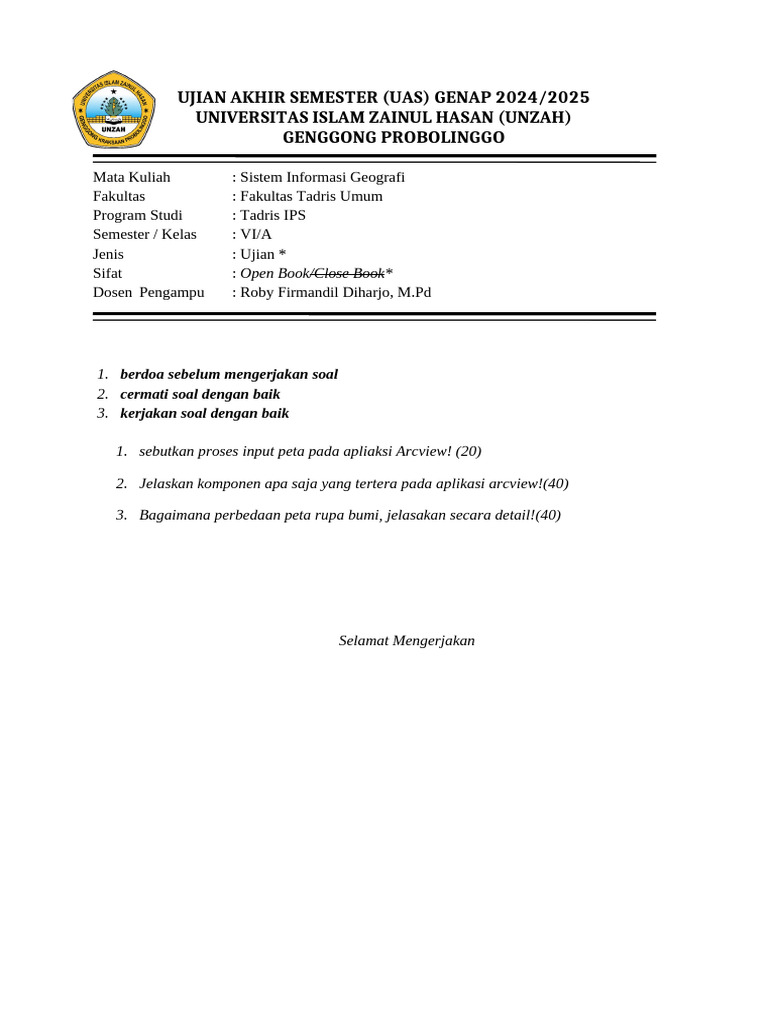 Soal UAS Sistem Informasi Geografis Genap 2024.2025 | PDF