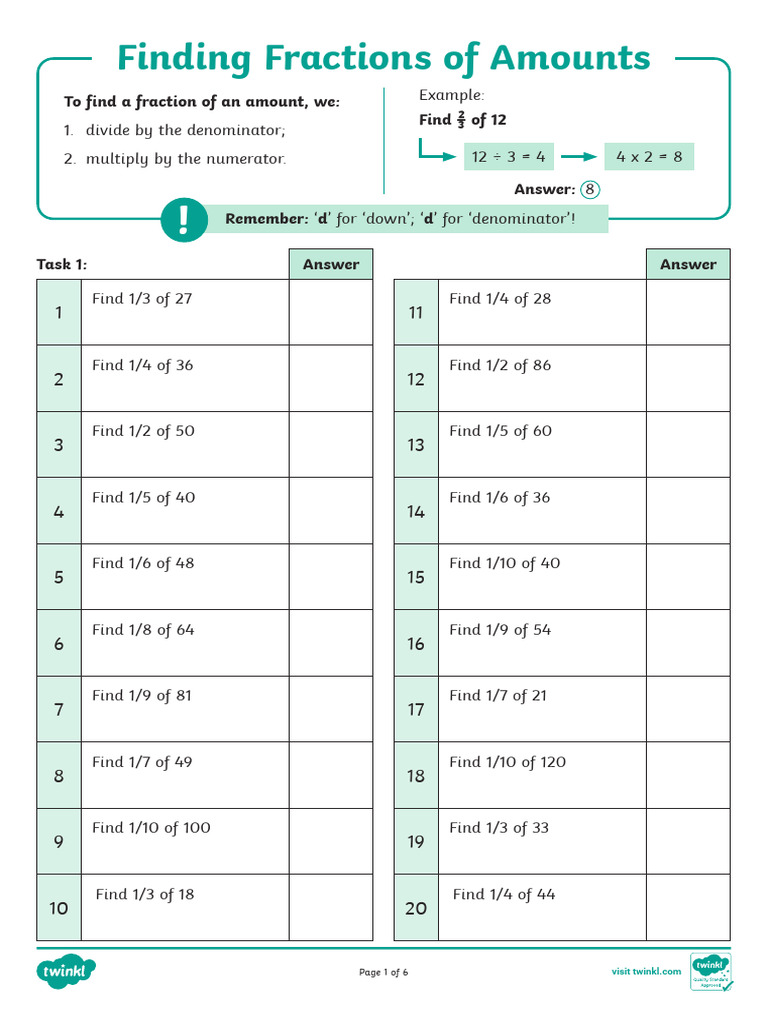Ni N 1741966625 Finding Fractions of Amounts Activity Booklet Ver 2 | PDF