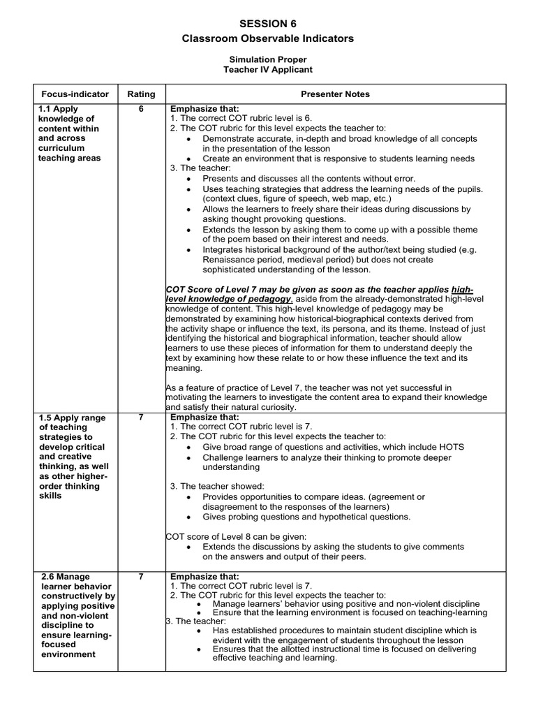 Simulation-Presenter Notes-Explanation For Rating | PDF | Teachers ...