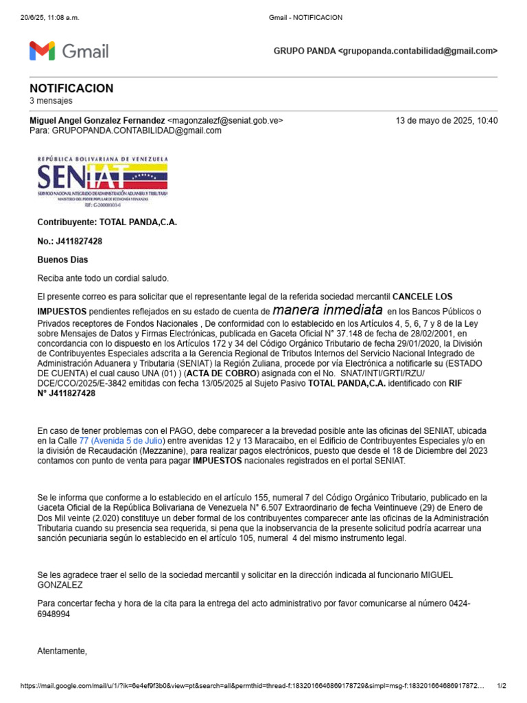 Notificación de Pago SENIAT para Total Panda | PDF