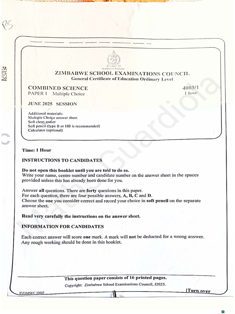 O Level June 2025 Combined Science Paper 1 | PDF