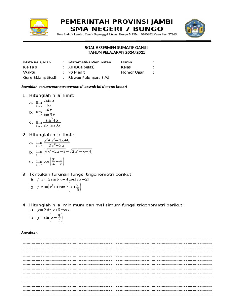 Soal Sumatif Ganjil 2024 MTK Kelas XII Peminatan | PDF