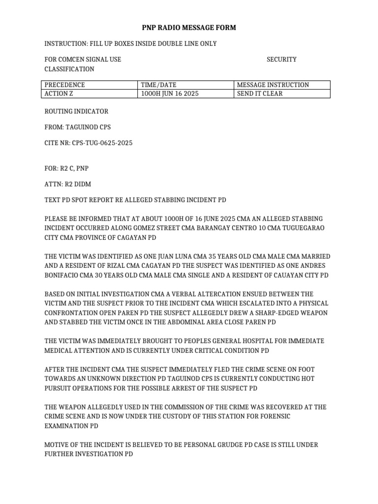 PNP Radio Message Stabbing Incident | PDF