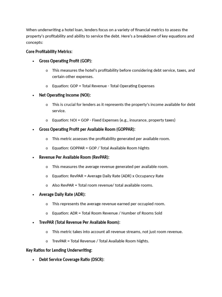 Hotel Loan Underwriting Metrics Explained | PDF | Debt | Loans