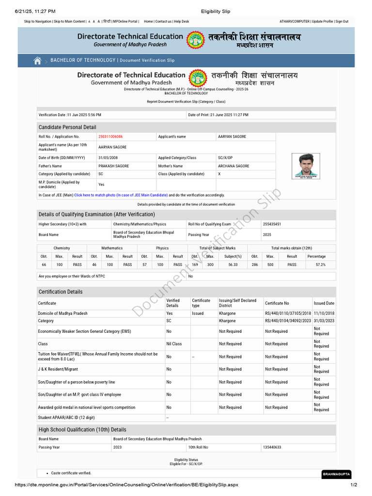 Eligibility Slipaaryan Sagore | PDF | Educational Stages | Qualifications