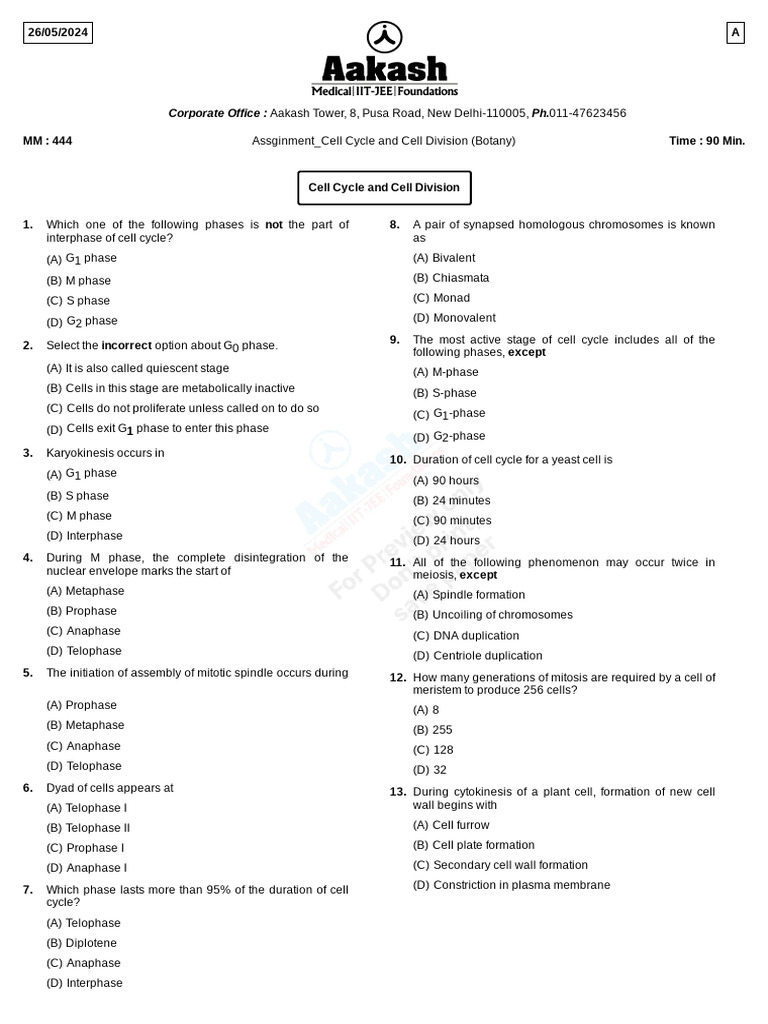 Assignment Cell Cycle and Cell Division | PDF | Meiosis | Mitosis