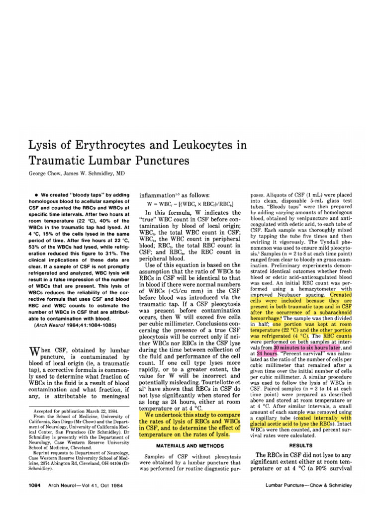 Erythrocyte and Leukocyte Lysis in CSF | PDF | White Blood Cell ...