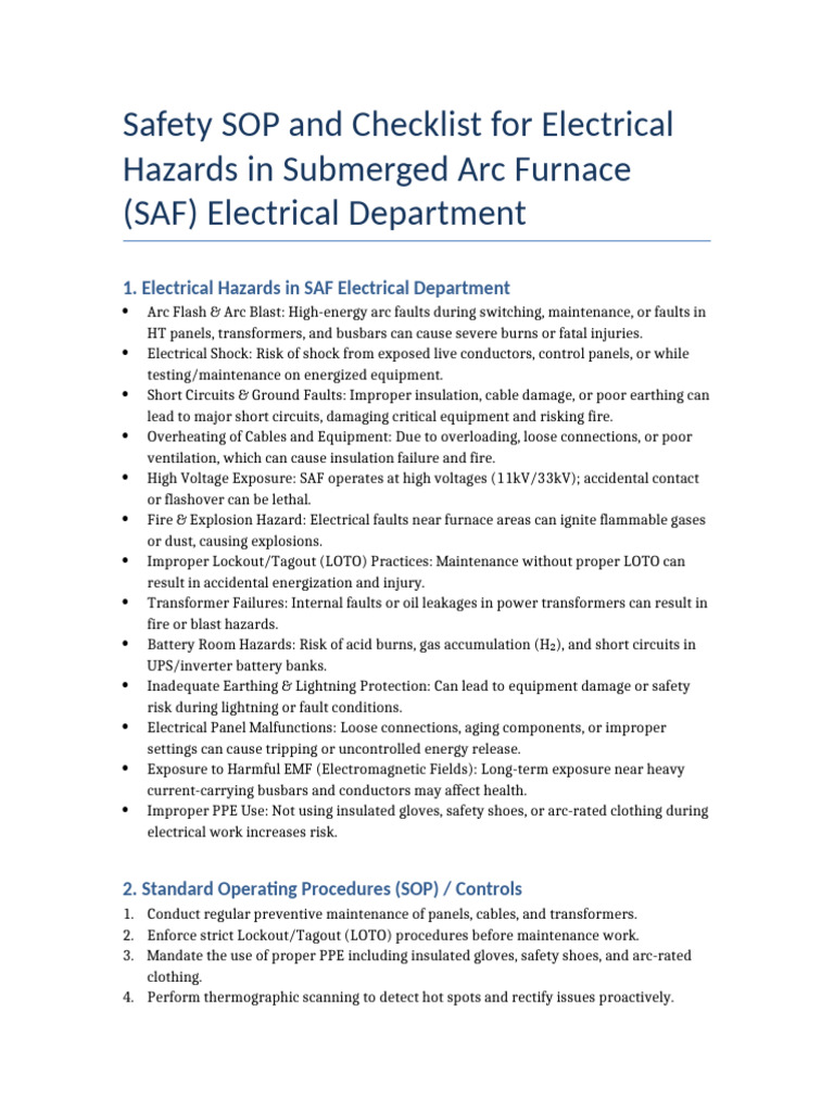 SAF Electrical Hazards SOP Checklist | PDF | High Voltage | Electric Arc