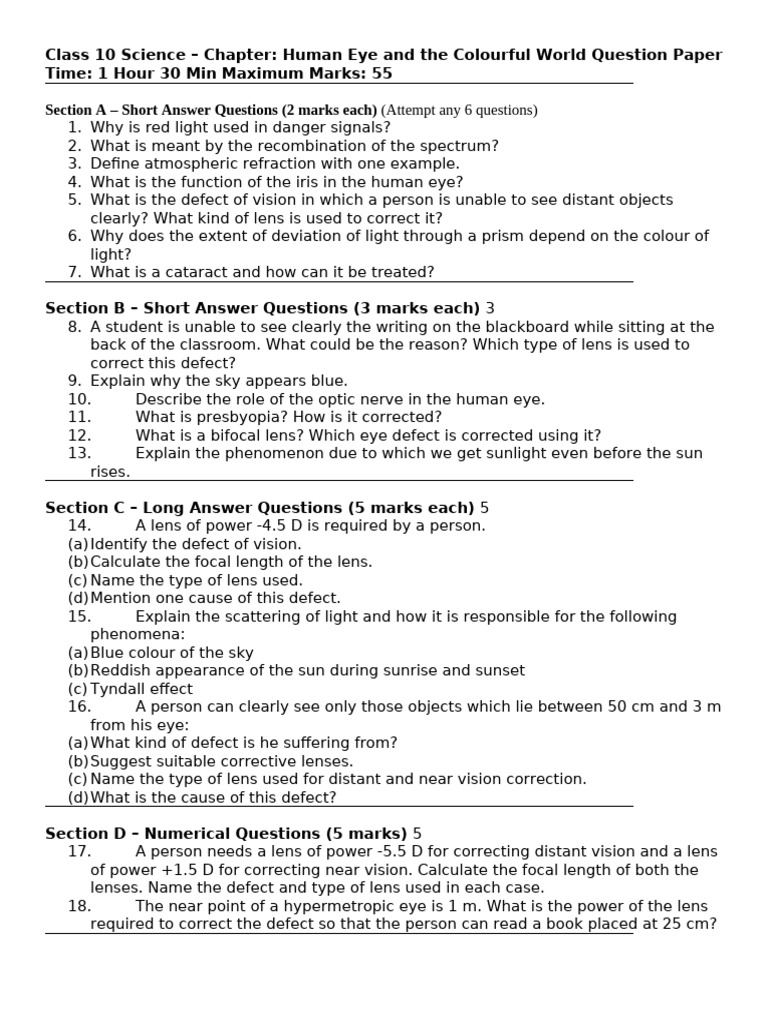 Class10 Human Eye Paper | PDF
