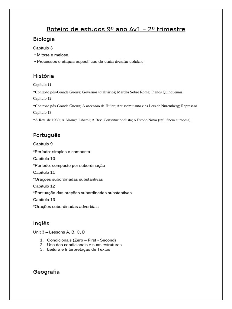 Roteiro de Estudos 9º Ano Av1 2 Trimestre | PDF
