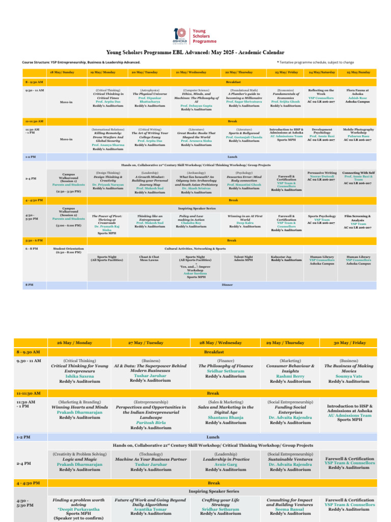 YSP EBL Advanced - May 2025 (Sample Schedule) | PDF