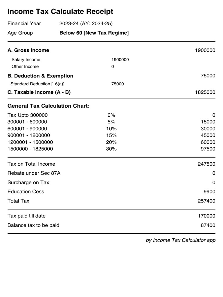 Income Tax Calculate Receipt: Below 60 (New Tax Regime) | PDF