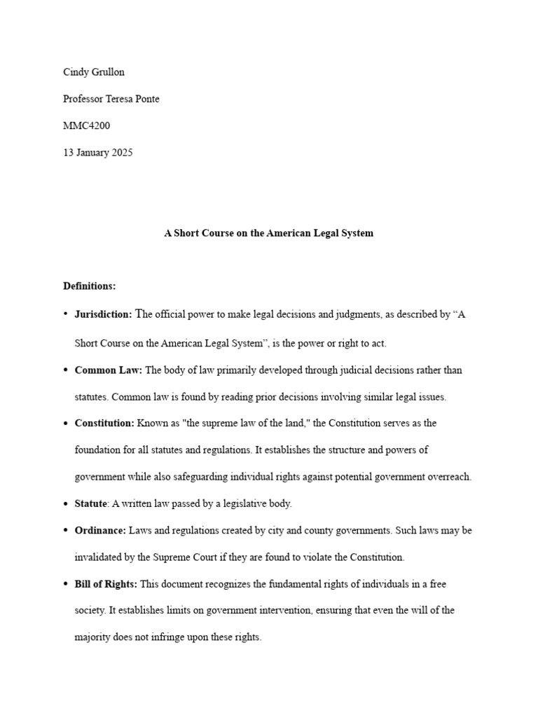 A Short Course On The American Legal System - Cindy Grullon | PDF | Law ...