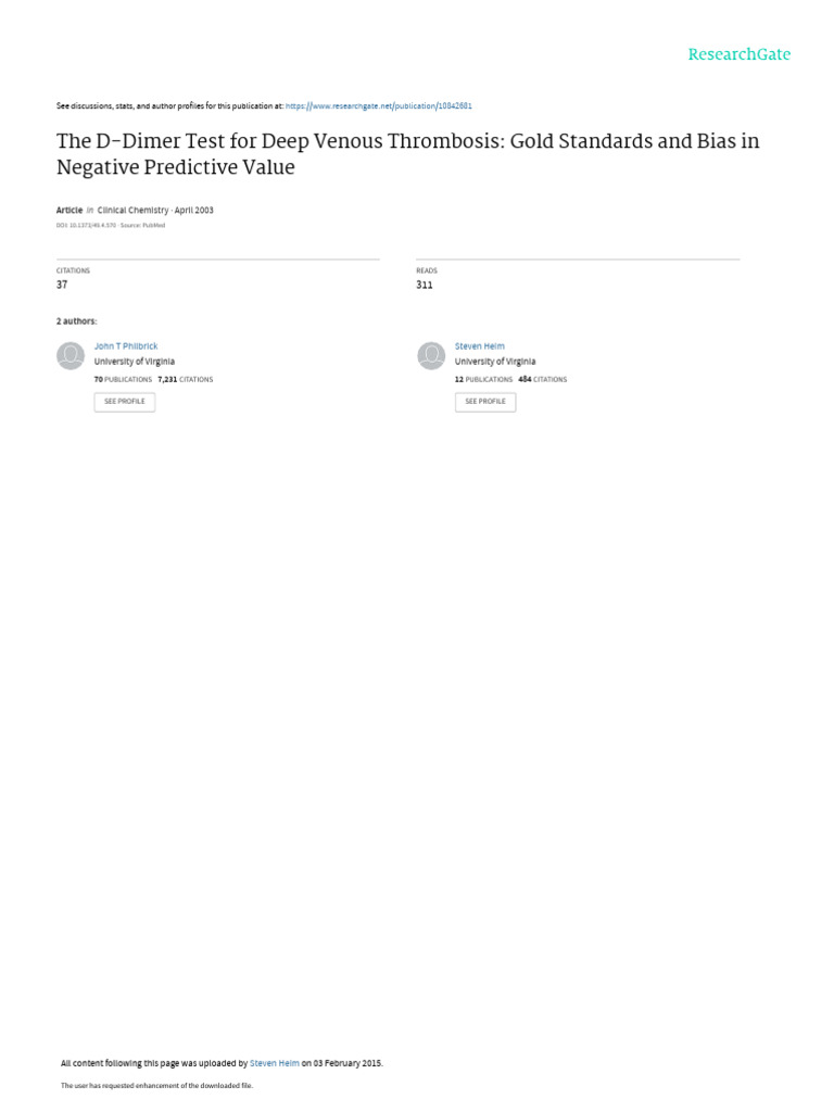 The D-Dimer Test For Deep Venous Thrombosis Gold S | PDF | Sensitivity ...