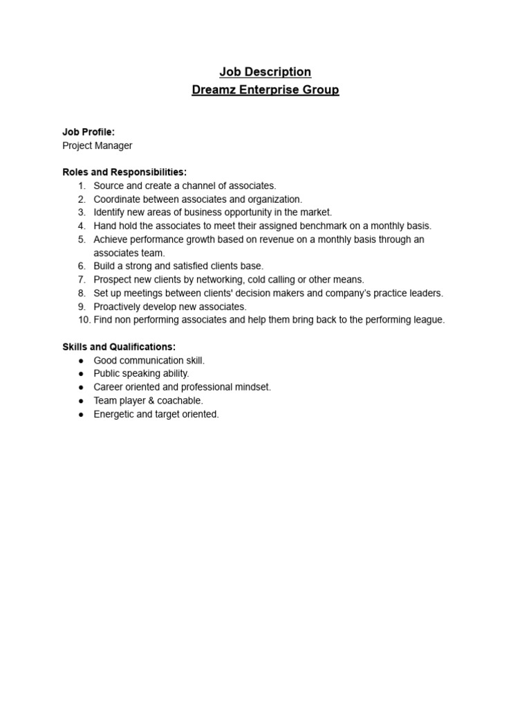 Project Manager Job Description at Dreamz | PDF