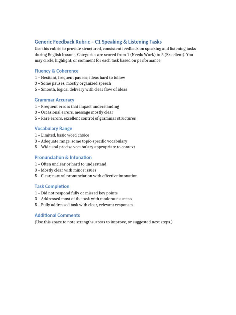 Generic C1 Feedback Rubric | PDF