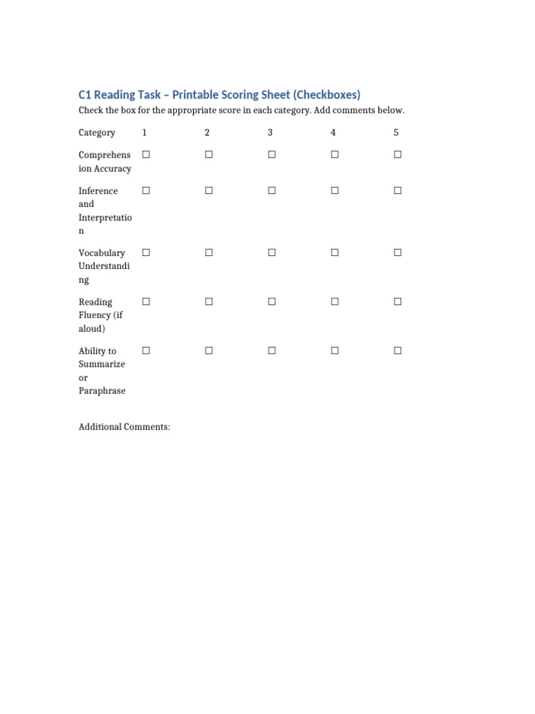 Printable C1 Reading Scoring Sheet Checkboxes | PDF
